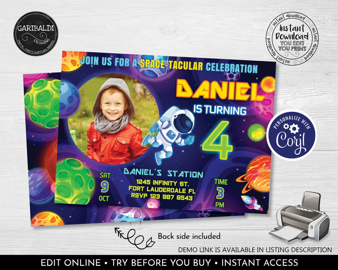 Editable Space Birthday Party Invitation Outer Space Galaxy Planets ...