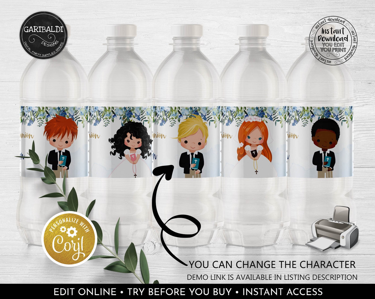 Editable First Communion Water Labels Printable Blue Flowers First Holy ...