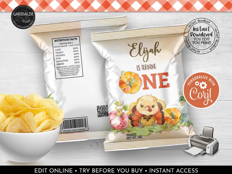 Editable Little Turkey Chip Bag Wrapper Printable Potato Chip - Etsy