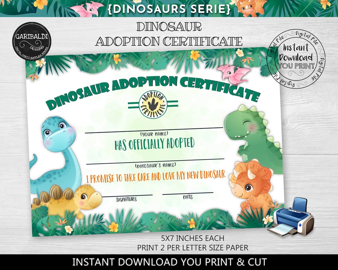 Adopt a Dinosaur Certificate Dinosaur Adoption Certificate Instant ...