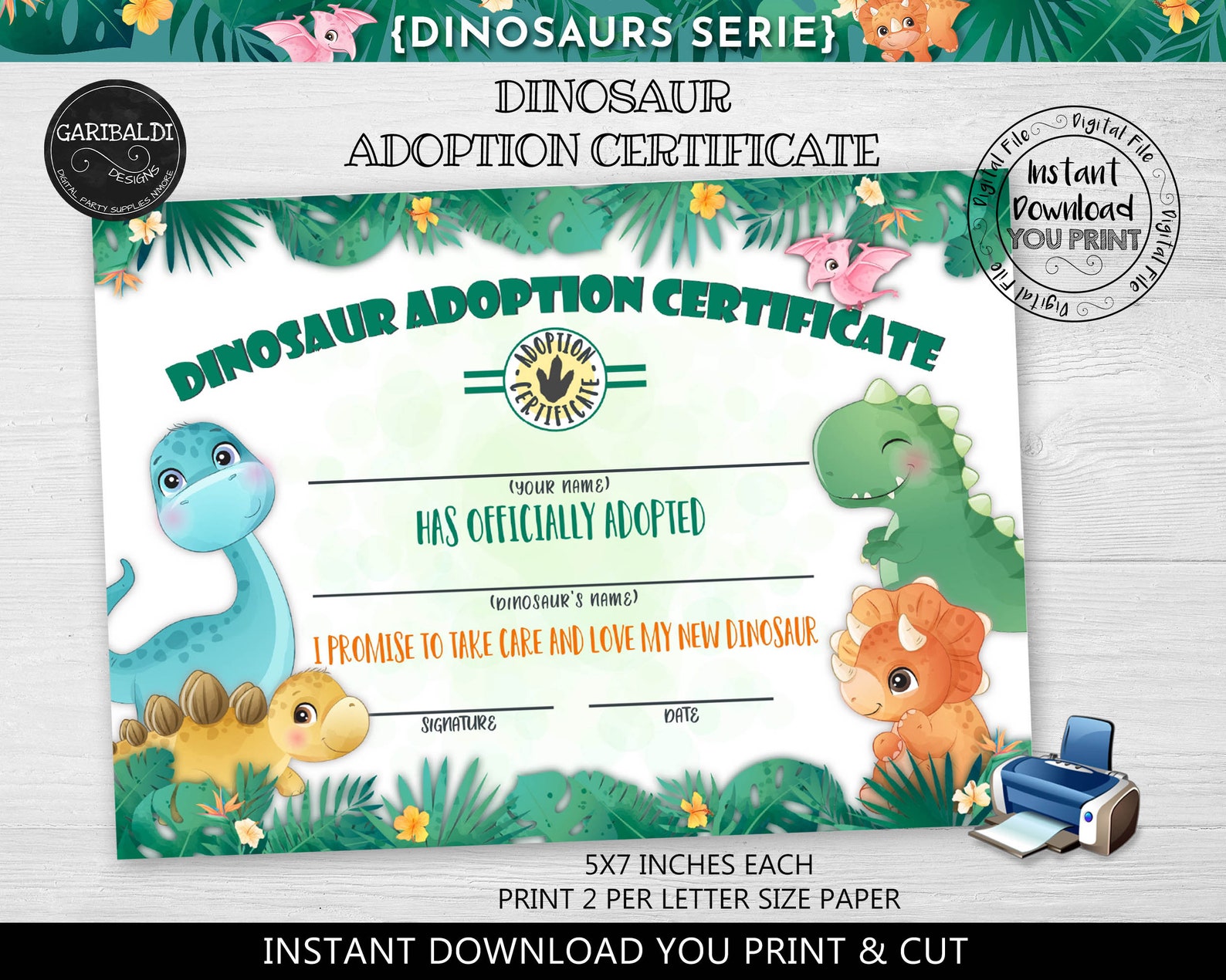 Adopt a Dinosaur Certificate Dinosaur Adoption Certificate Instant ...