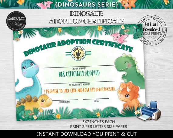 Adopt a Dinosaur Certificate Dinosaur Adoption Certificate | Etsy