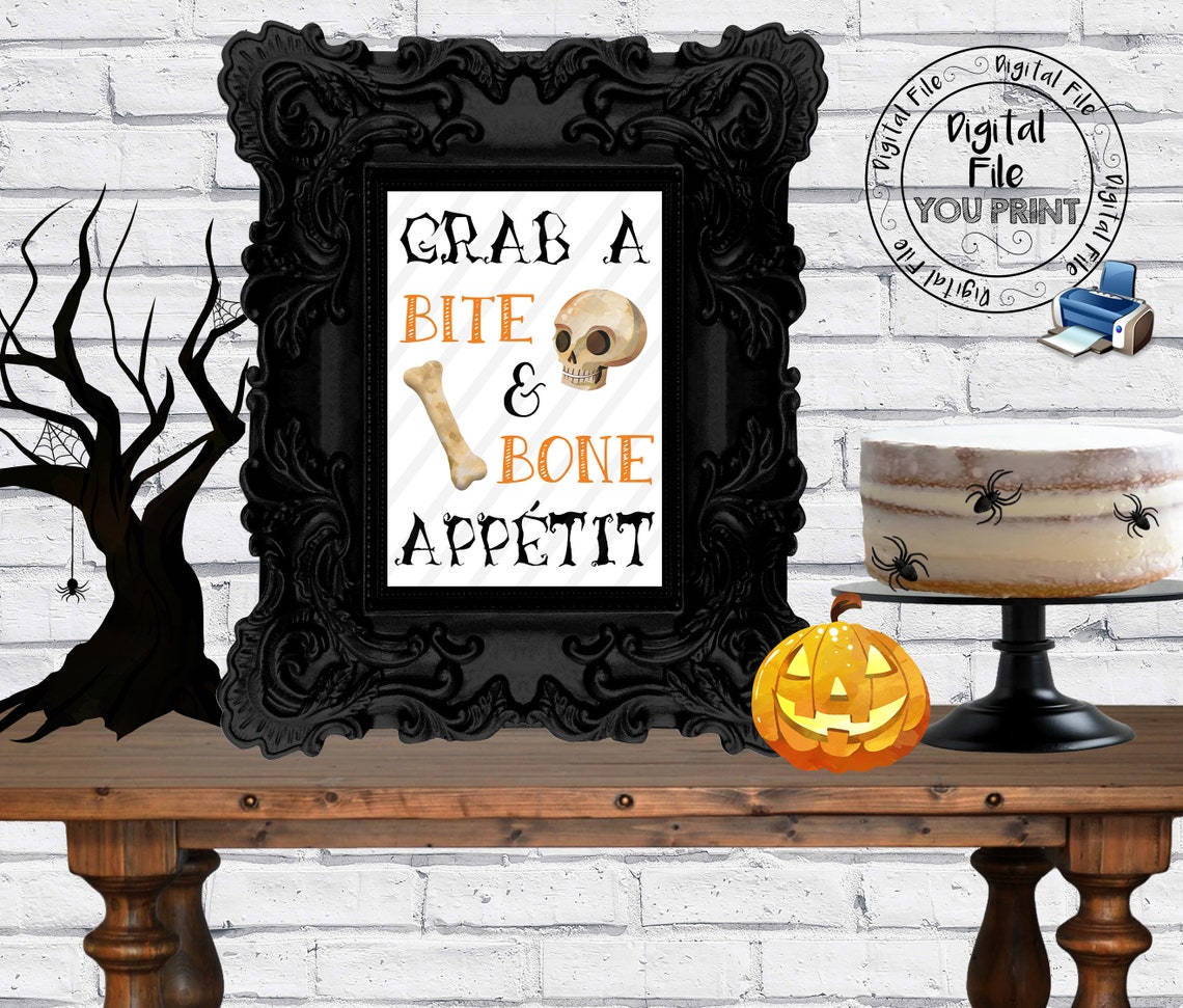 Printable Grab a Bite & Bone Appétit Sign Digital Halloween | Etsy