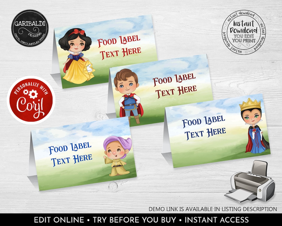 Editable Snow White Food Labels Snow White Place Cards Snow White ...