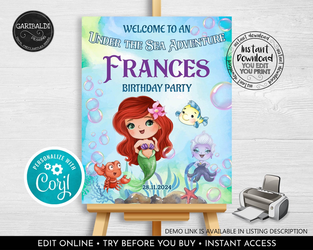 Editable Mermaid Welcome Sign Little Mermaid Birthday Sign Mermaid ...
