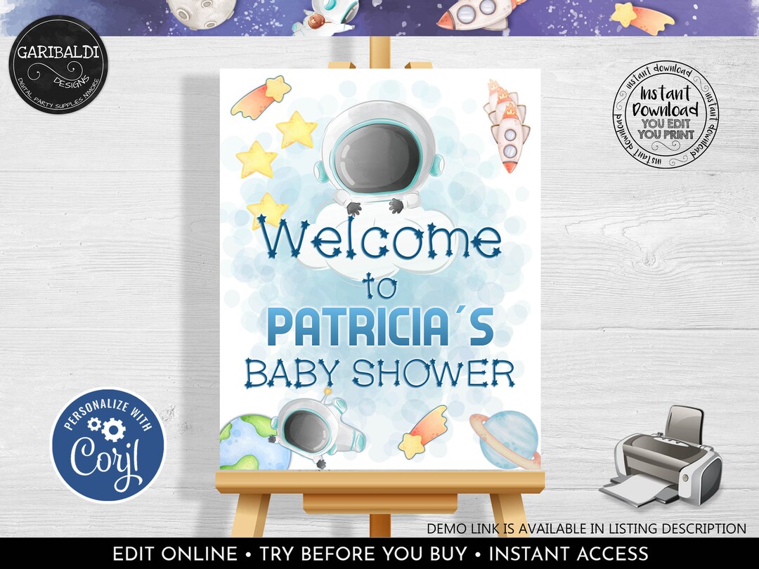 Editable Outer Space Welcome Sign Galaxy Planets Baby Astronaut Moon ...