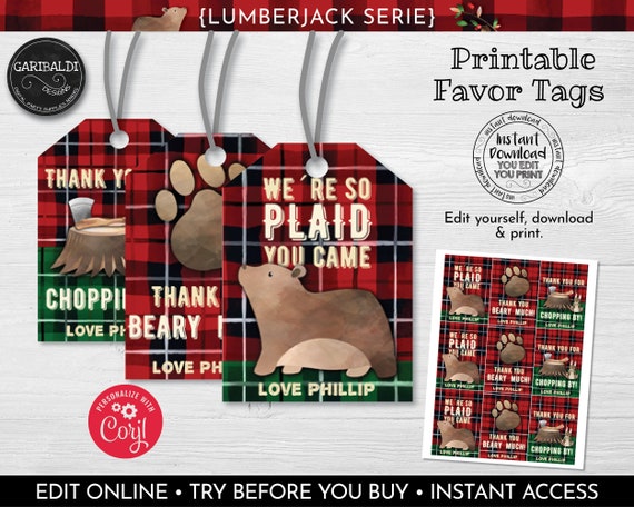 Editable Lumberjack Favor Tags Bear Buffalo Plaid Lumberjack | Etsy