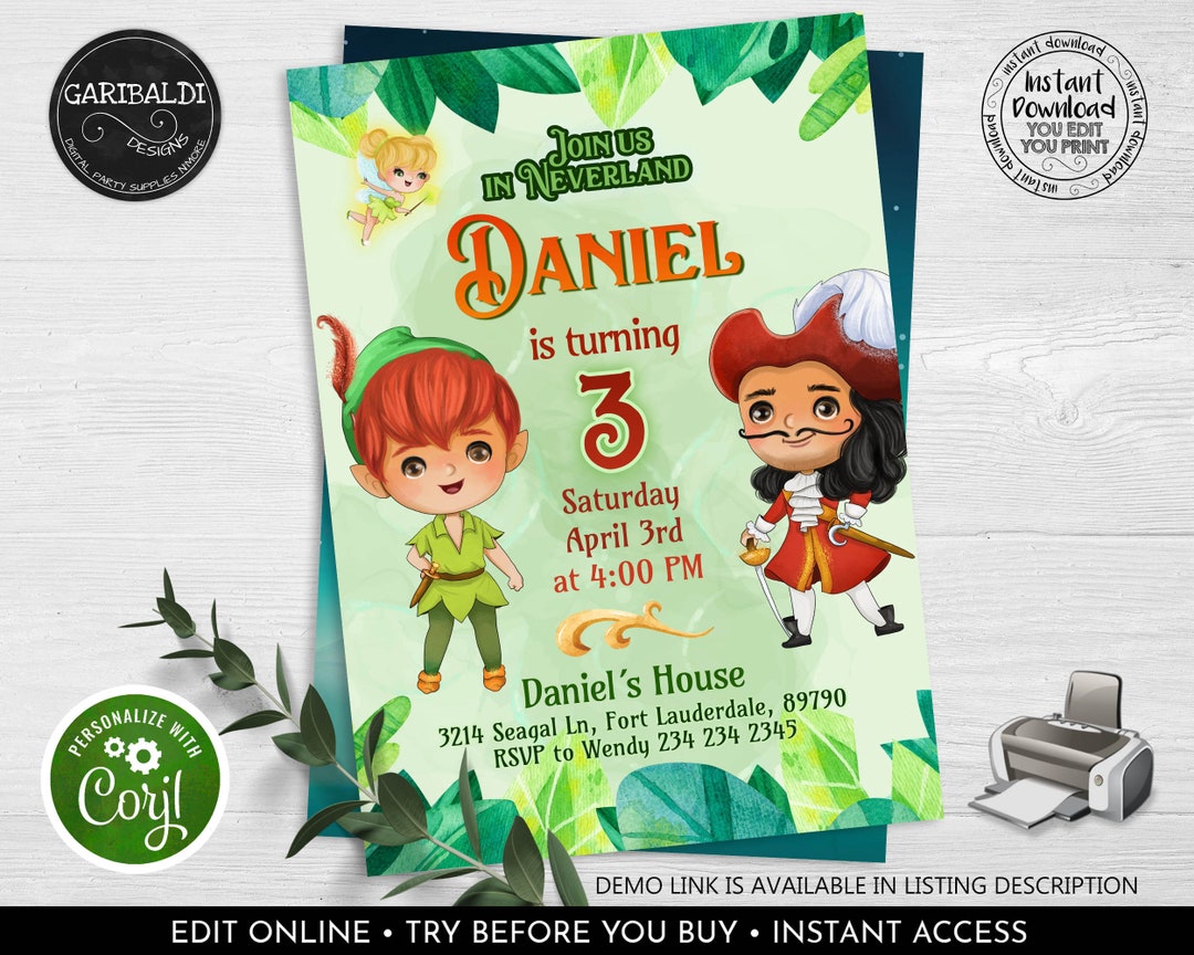 Peter Pan Invitation Editable Neverland Birthday Party Invitation ...