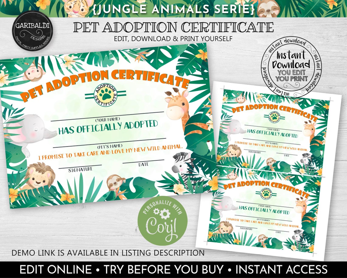 Editable Adopt a Wild Animal Certificate Safari Pet Adoption | Etsy