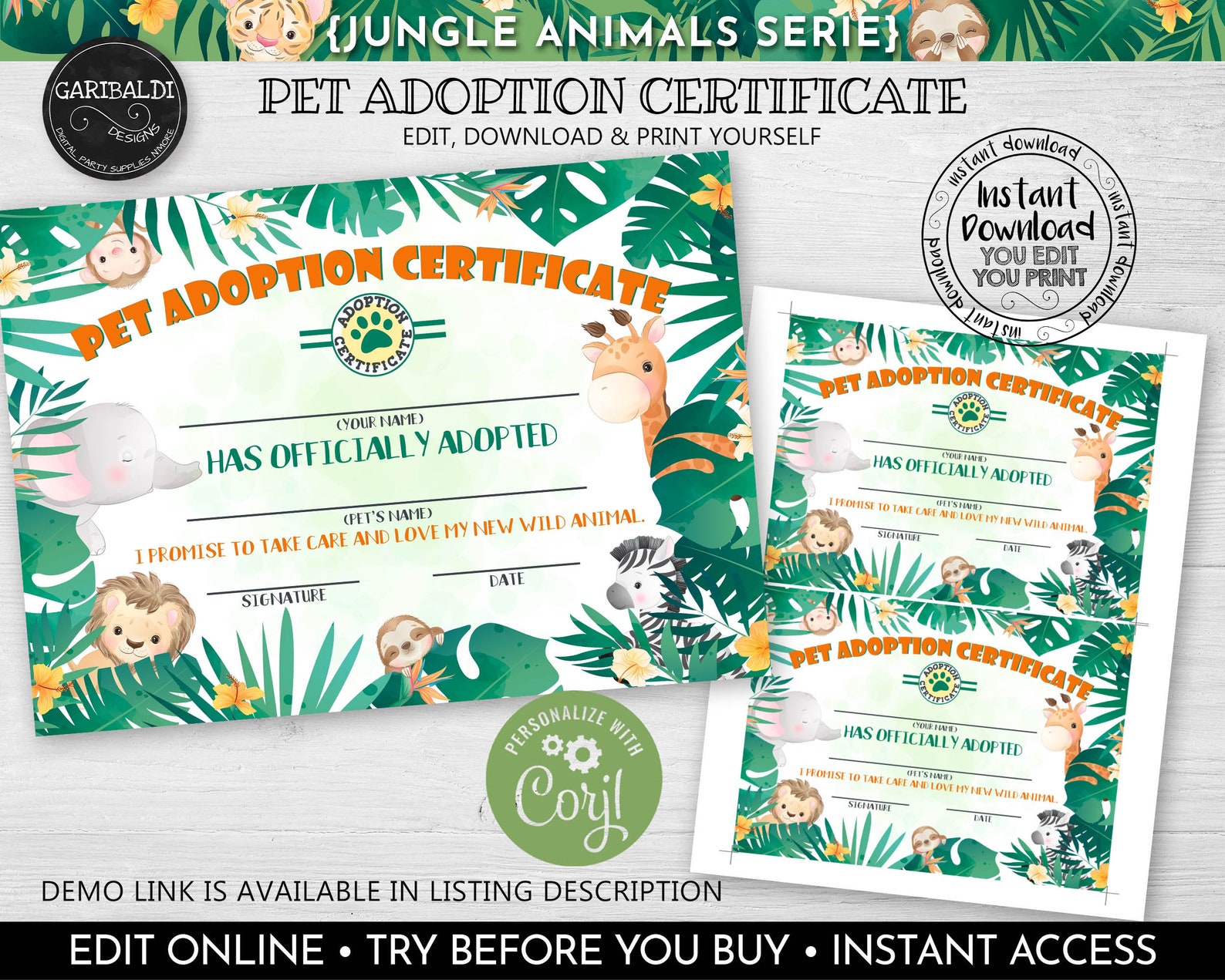 Editable Adopt a Wild Animal Certificate Safari Pet Adoption ...