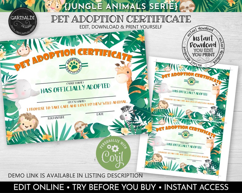Editable Adopt a Wild Animal Certificate Safari Pet Adoption | Etsy