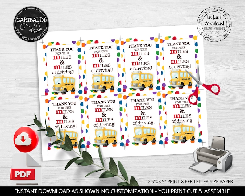Instant Download Bus Driver Thank You Tags Printable School Bus Tags ...