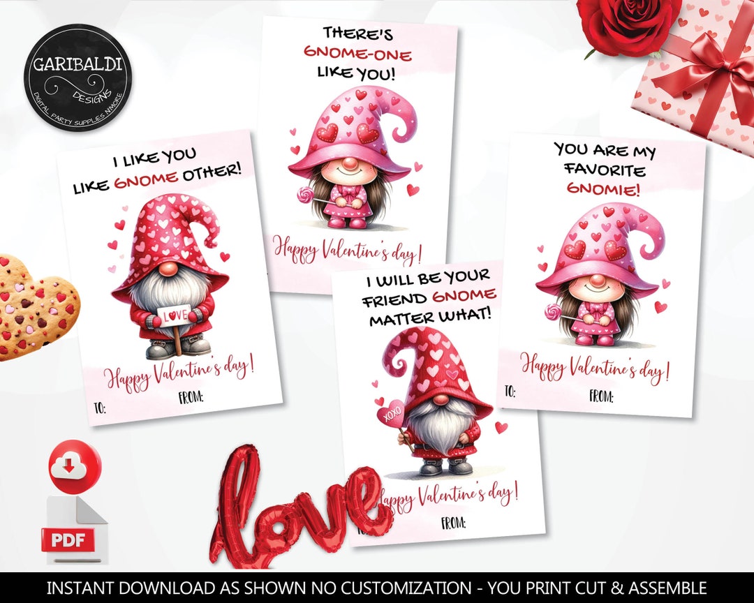 Printable Valentine's Day Cards Gnomes Valentine's Day School Teacher ...