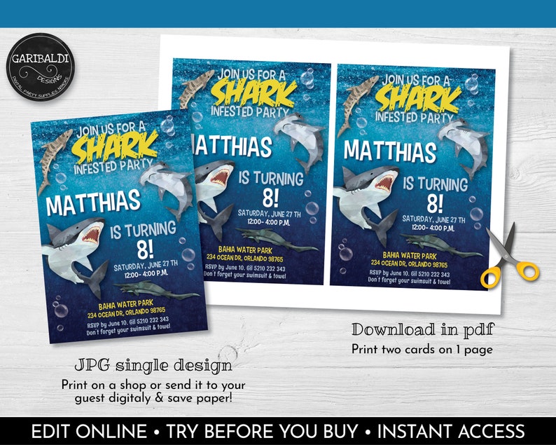 Editable Shark Birthday Party Invitation Printable Sharks | Etsy