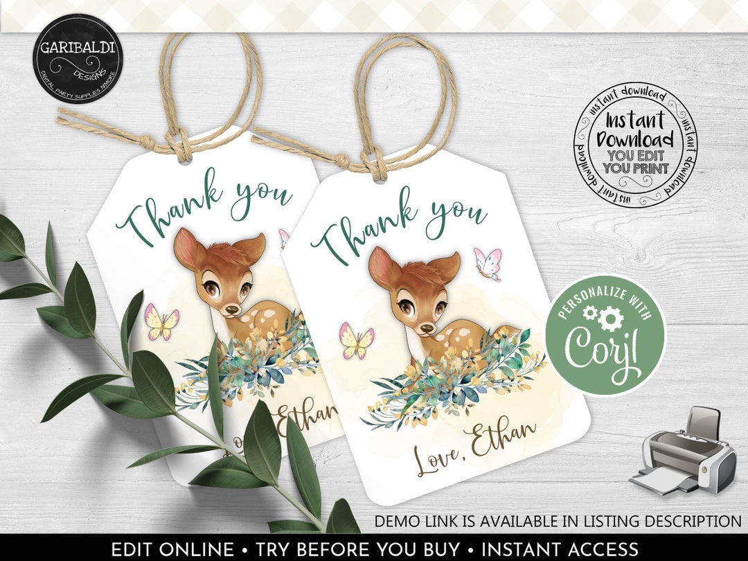Editable Little Deer Party Favor Tags, Floral Baby Deer Gift Tags ...