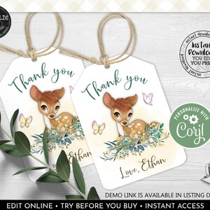 Editable Little Deer Party Favor Tags, Floral Baby Deer Gift Tags ...