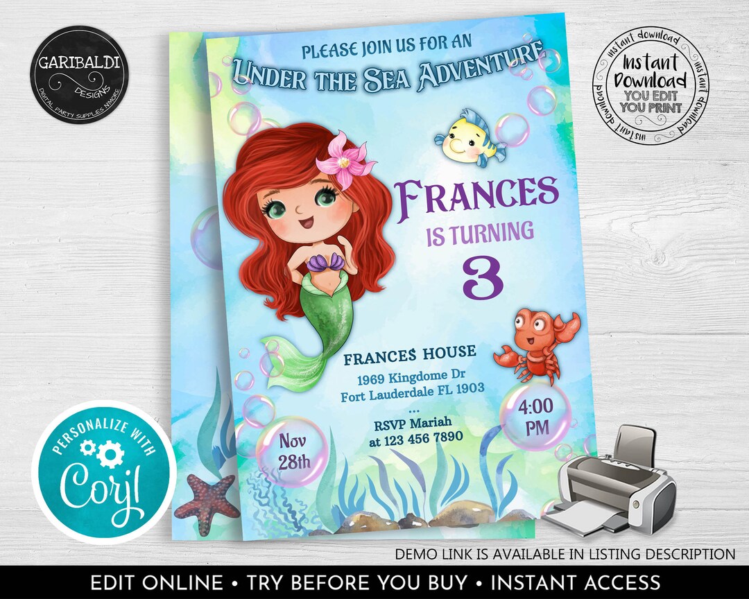 Little Mermaid Invitation Editable Mermaid Princess Birthday Party ...