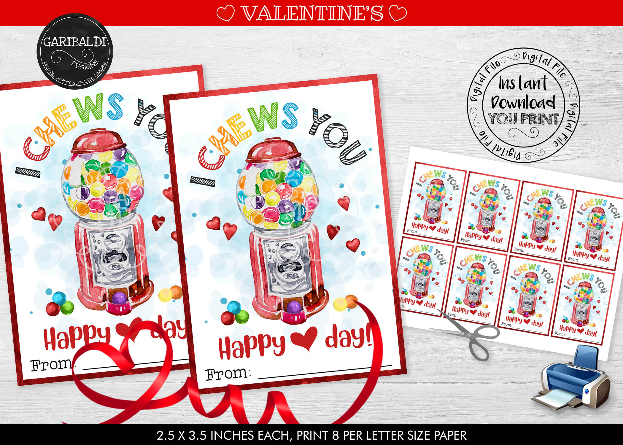 Printable Bubble Gum Valentine's Day Cards, I Chews You Bubble Gum ...