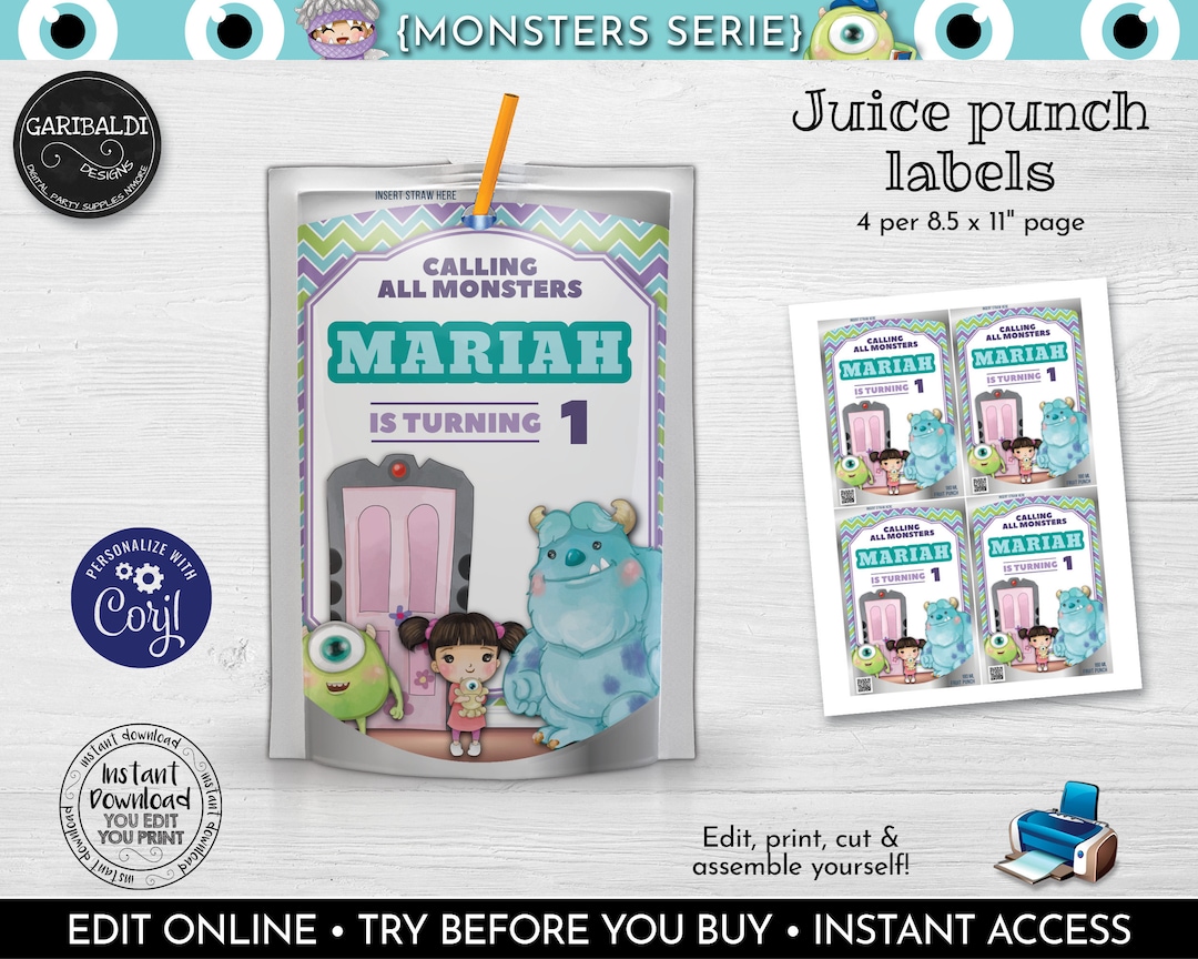 Editable Monsters Juice Pouch Labels Cute Monsters Juice Box Labels ...