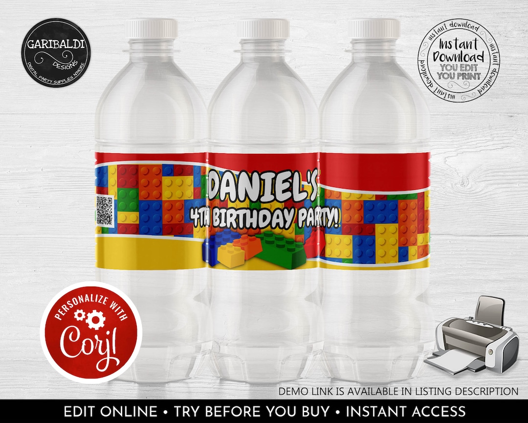 Editable Building Blocks Water Bottle Labels Building Bricks Birthday ...