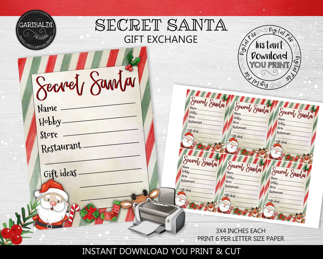 Secret Santa Questionnaire Card Secret Santa Printable Cards Secret ...
