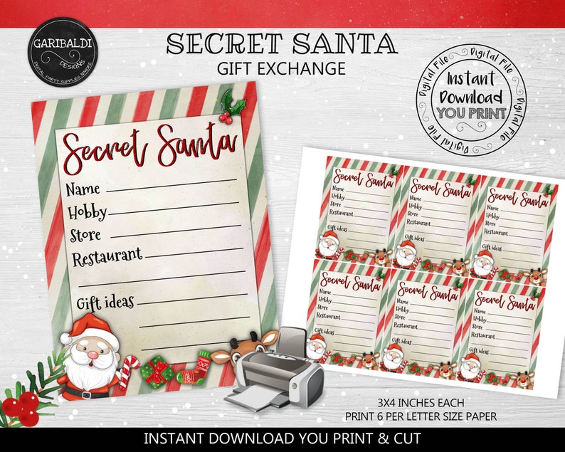 Secret Santa Questionnaire Card Secret Santa Printable Cards Secret ...