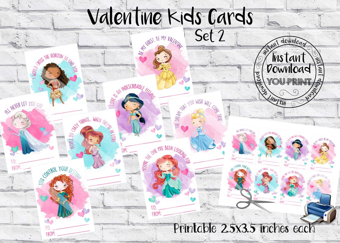Printable Princess Valentine Cards Kids Valentine Cards School | Etsy