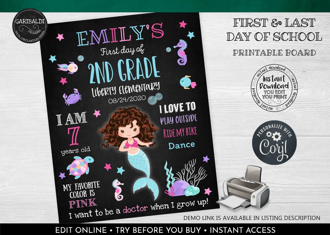 Editable Mermaid First Day School Sign First Day of School Photo Prop ...