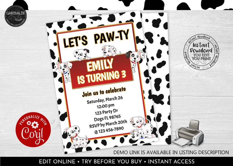 Editable Dalmatians Invitation, Printable Dalmatian Birthday Party ...