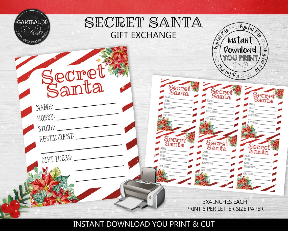 Secret Santa Questionnaire Card Secret Santa Printable Cards - Etsy