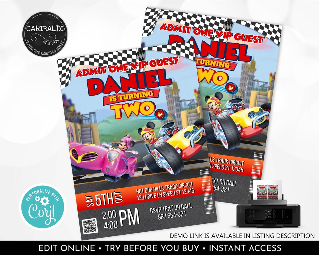 Editable Pit Crew Pass Invitation Roadster Racers Invite Mickey Mouse ...