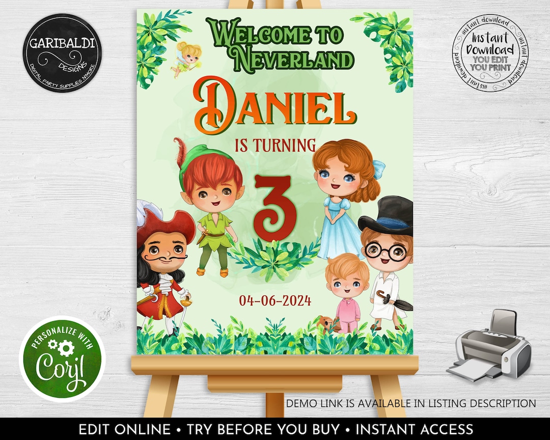 Editable Peter Pan Welcome Sign Neverland Sign Peter Pan Wendy Birthday ...