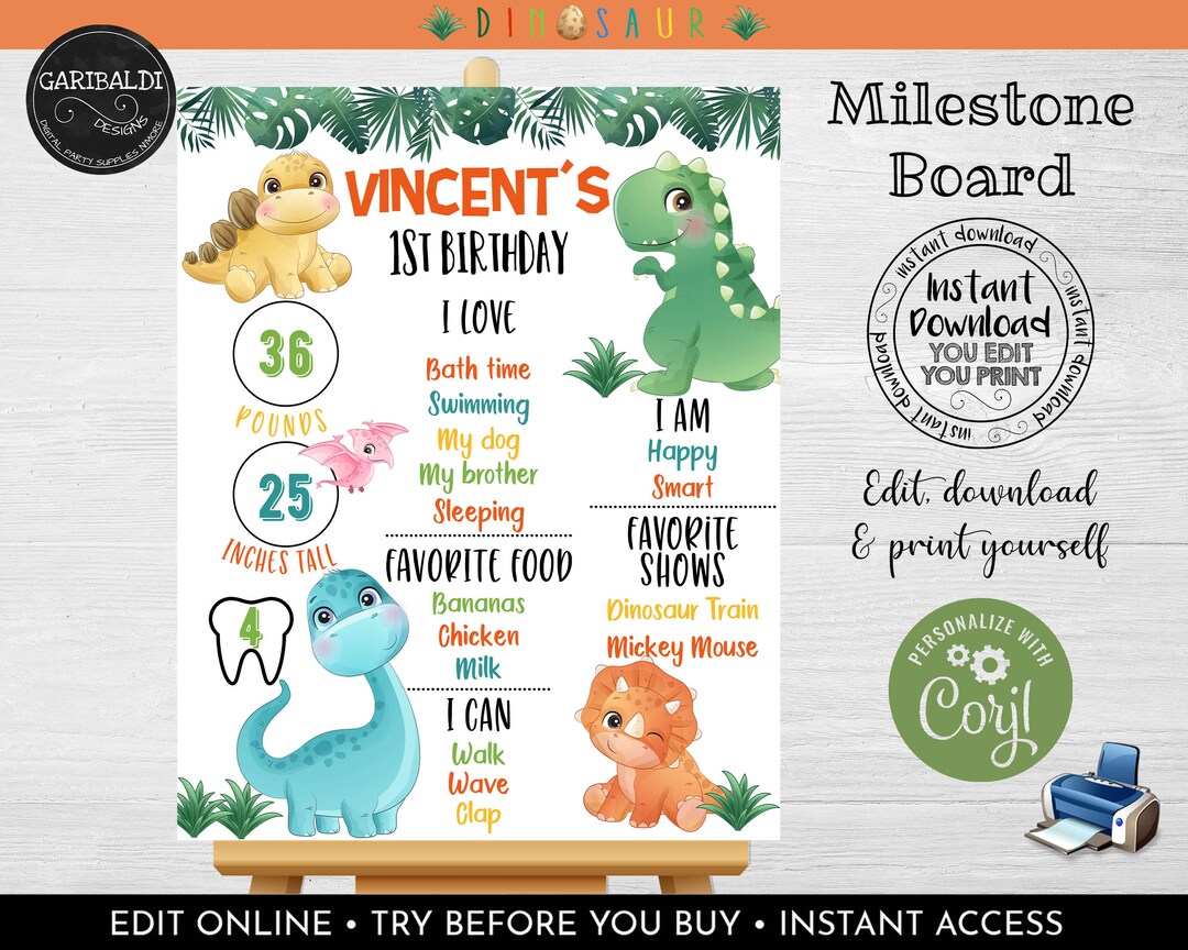 Editable Dinosaur Birthday Milestone Board Dinosaur Birthday Poster ...