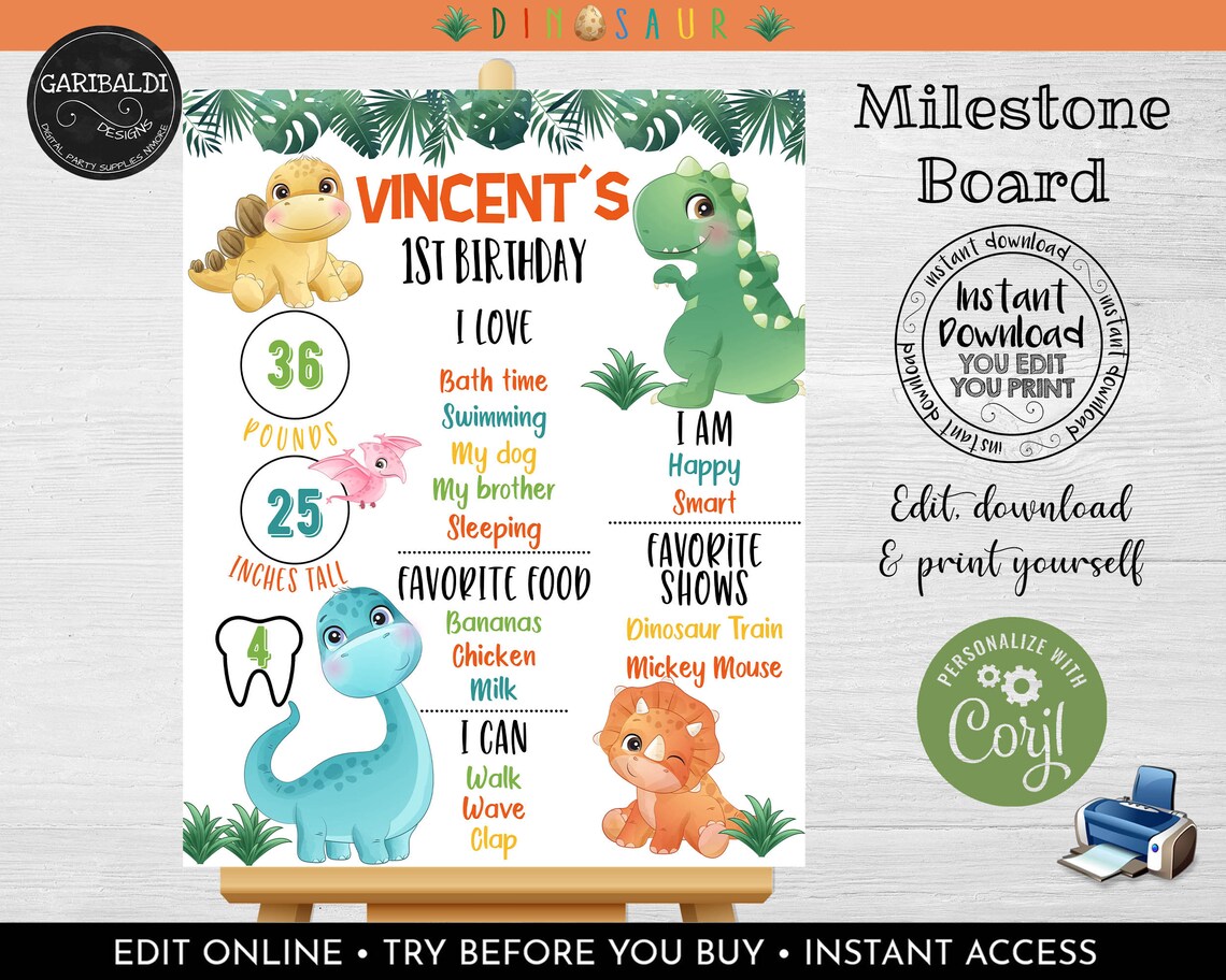 Editable Dinosaur Birthday Milestone Board Dinosaur Birthday | Etsy