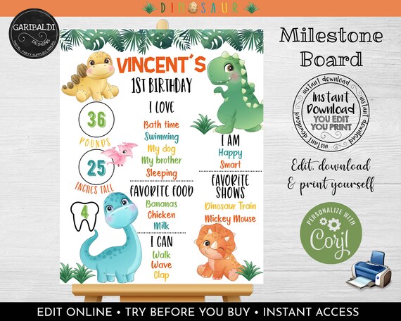 Editable Dinosaur Birthday Milestone Board Dinosaur Birthday | Etsy