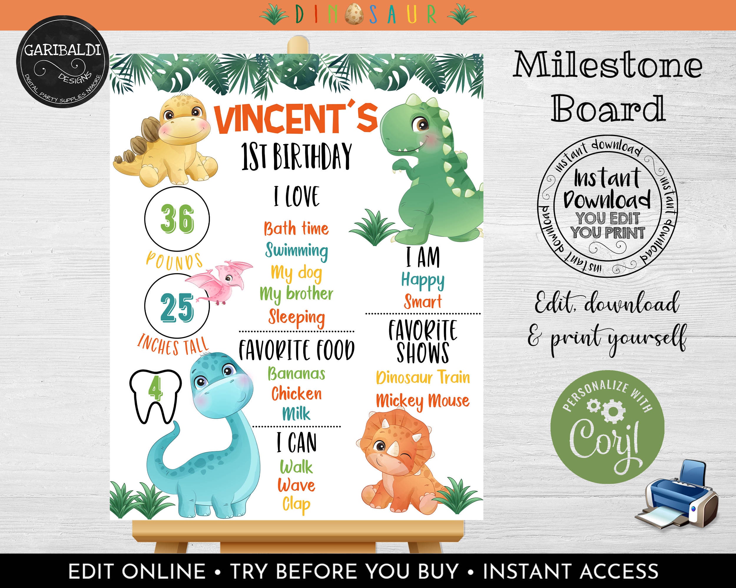 Editable Dinosaur Birthday Milestone Board Dinosaur Birthday - Etsy ...
