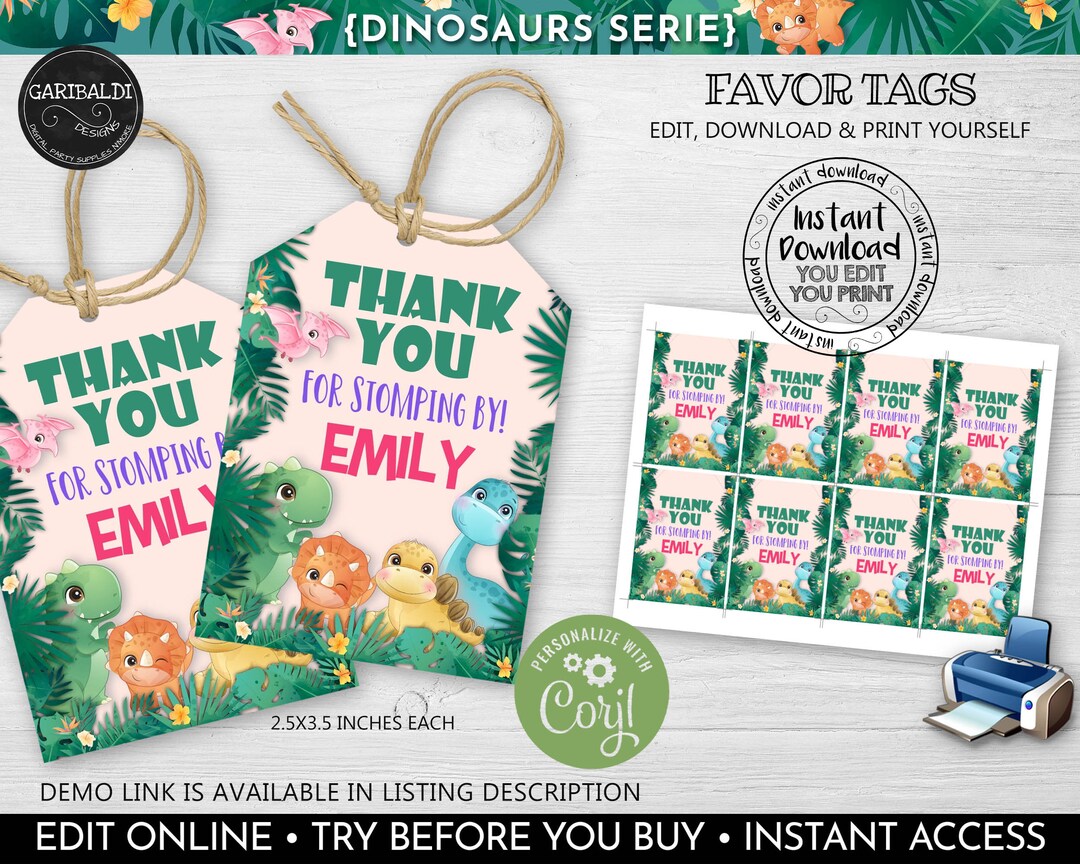 Editable Dinosaurs Favor Tags Dinosaurs Gift Tag Instant Download ...