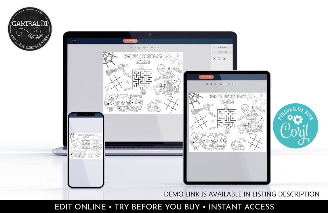 Editable Halloween Coloring Placemat Halloween Coloring Page Birthday ...