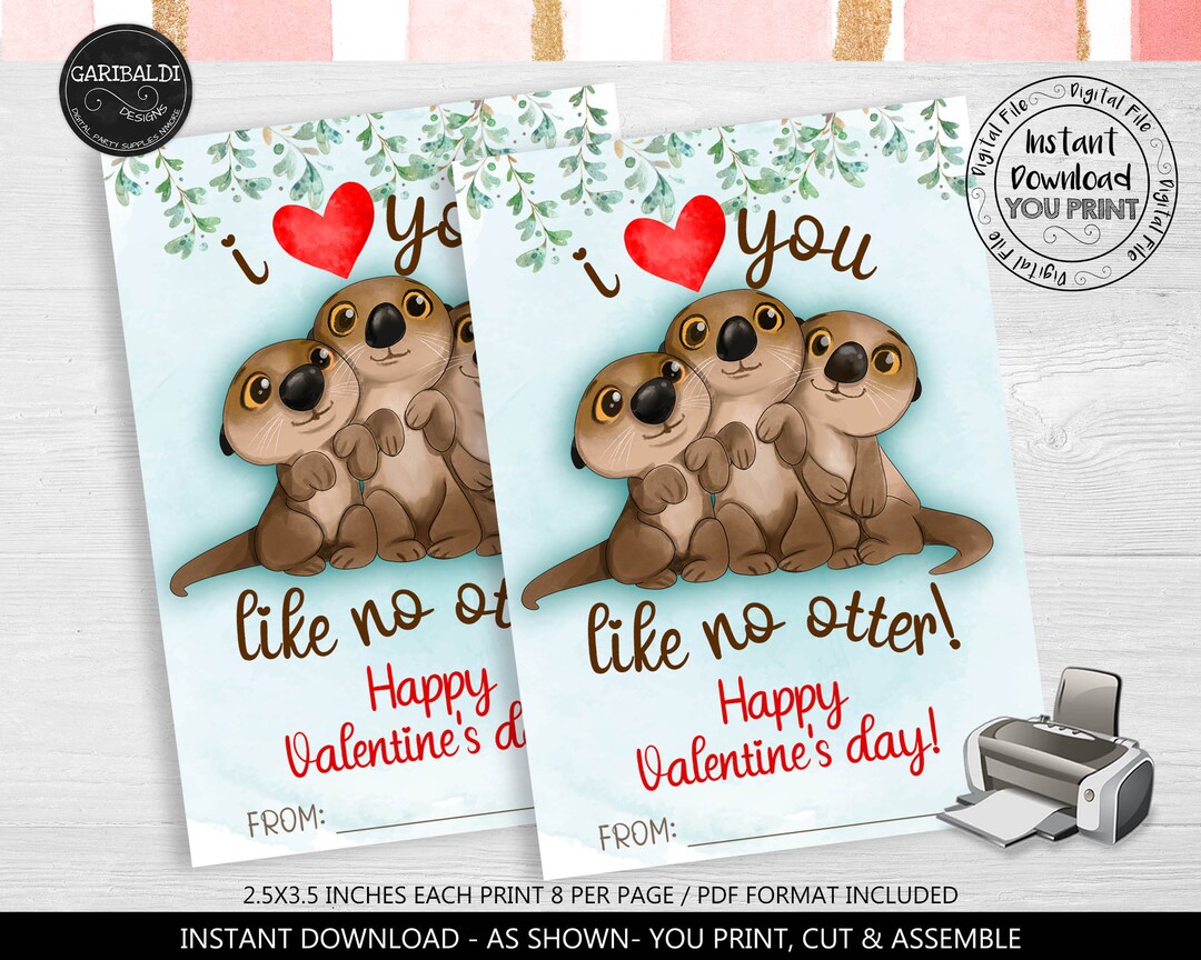Otter Valentine's Day Cards Valentine's Day Tags School Class Valentine ...