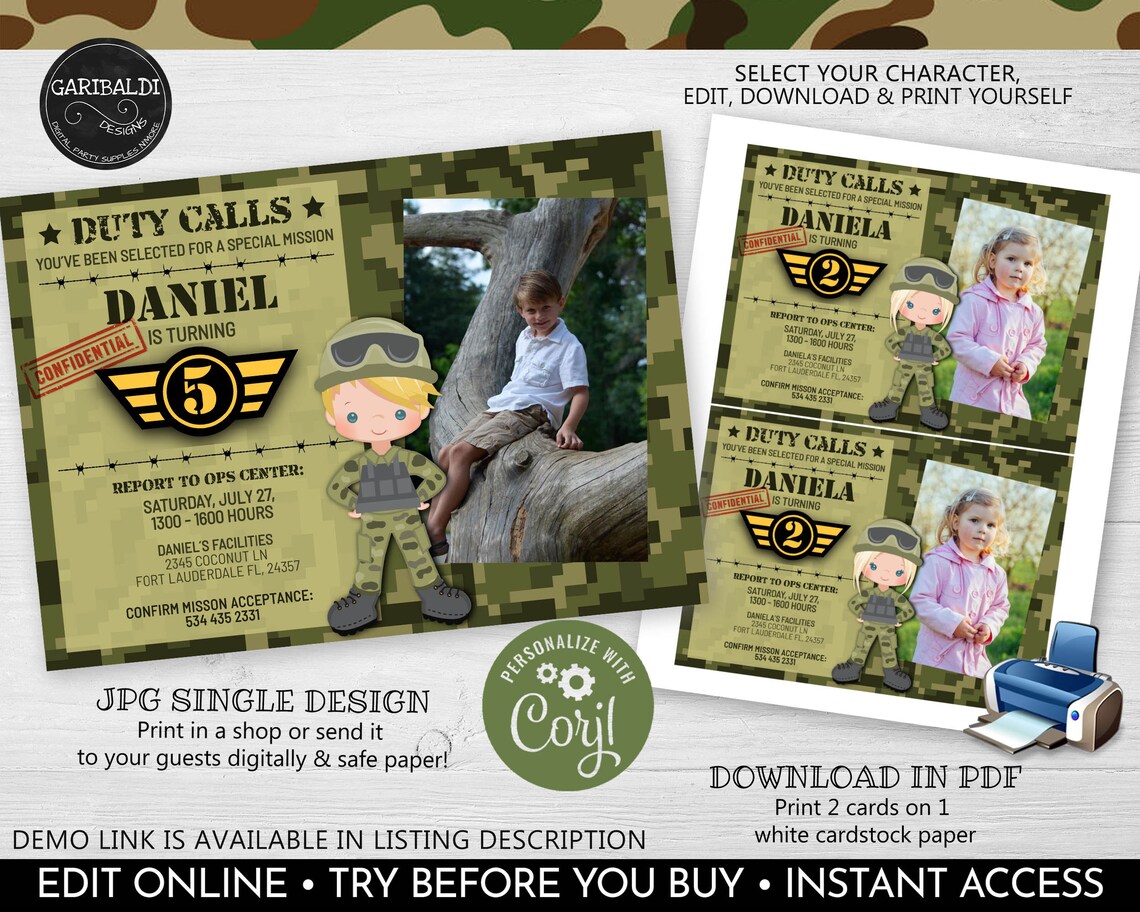 Editable Army Birthday Party Invitation Instant Download | Etsy