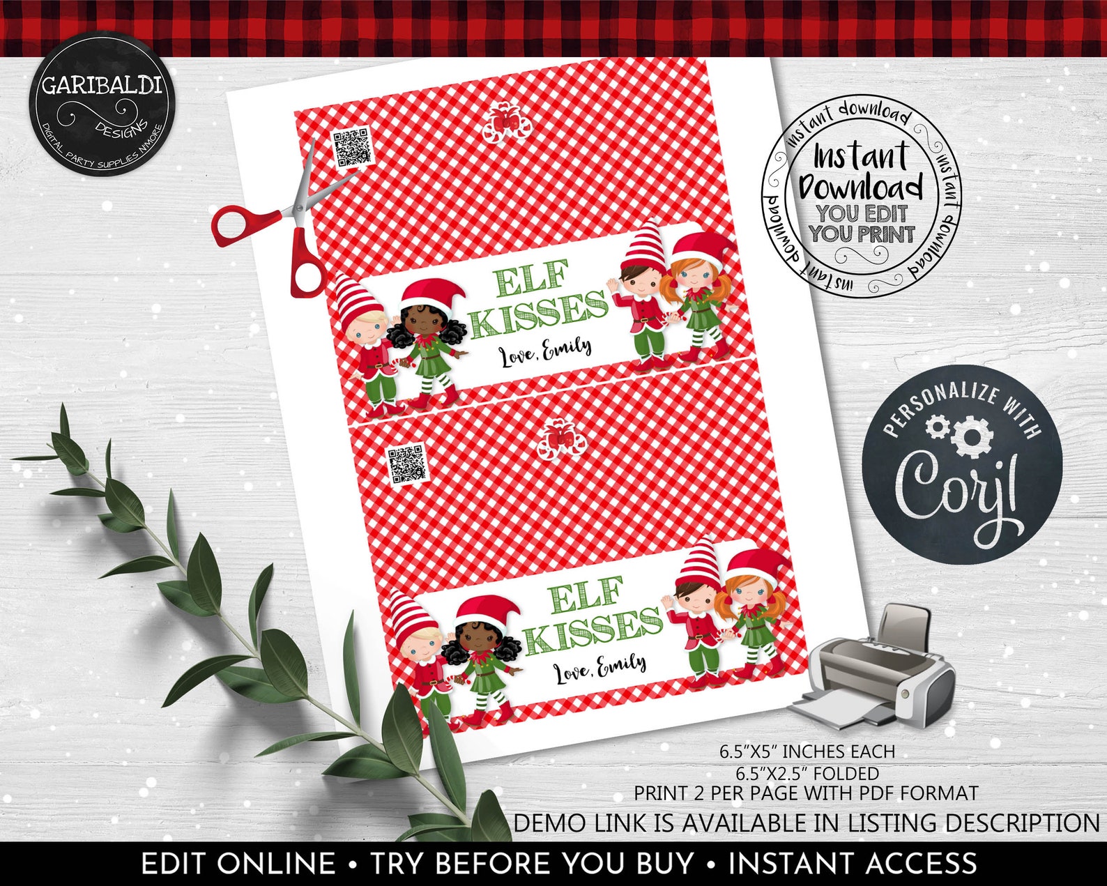 Printable Christmas Bag Topper. Editable Elf Kisses Bag - Etsy