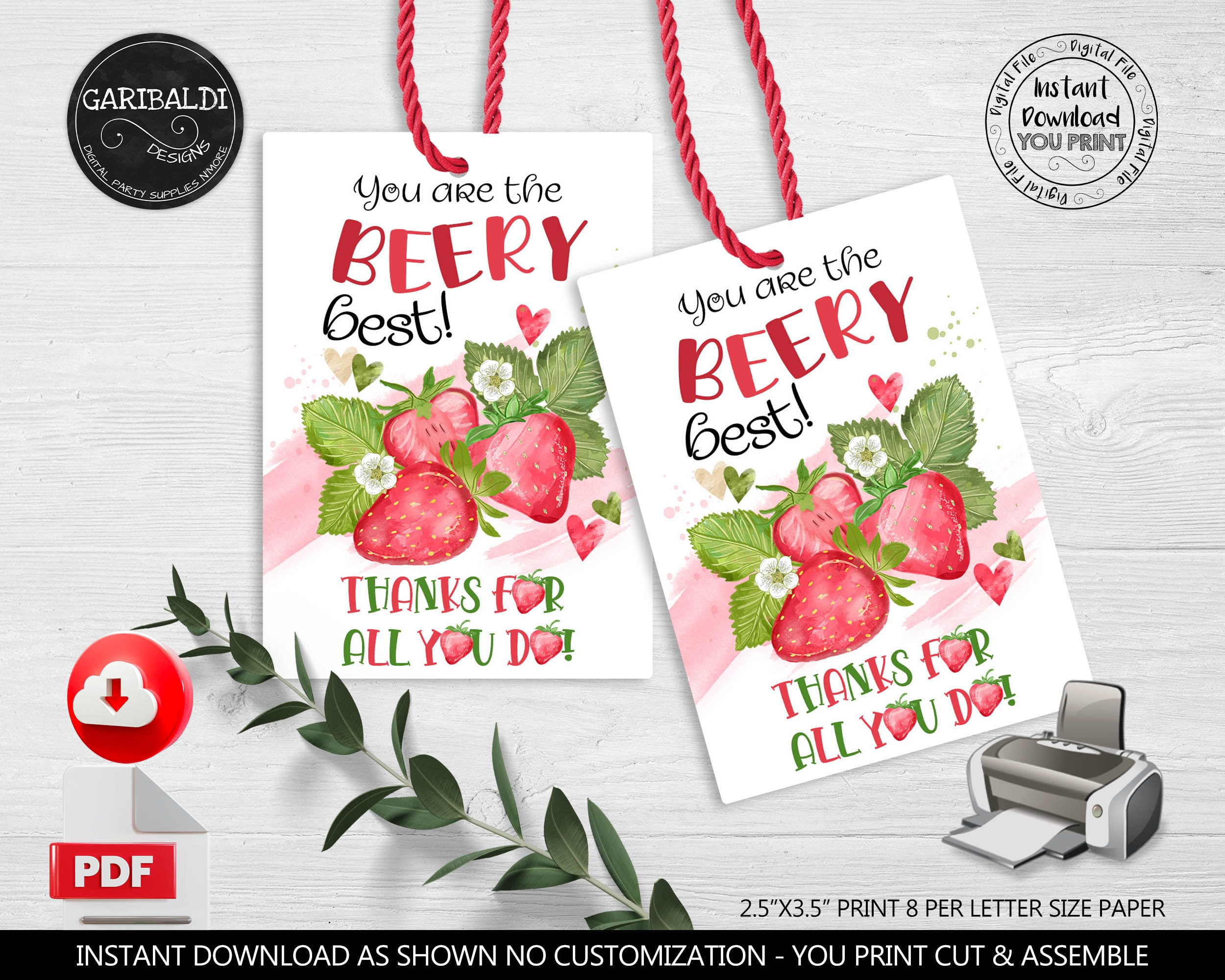 Strawberry Favor Tags You Are the Berry Best Gift Tag Thank You Teacher ...