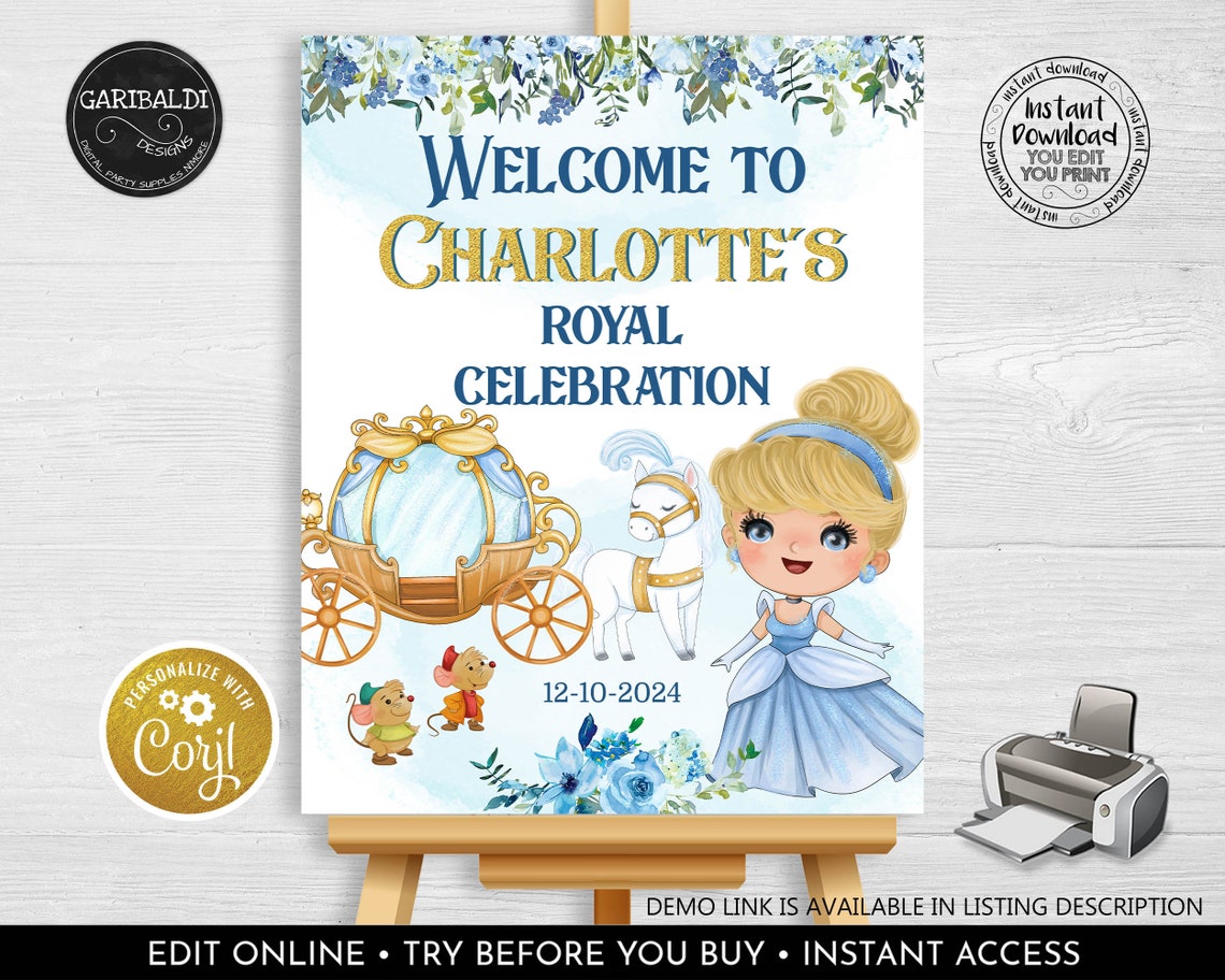 Editable Cinderella Welcome Sign Once Upon a Time Princess Royal ...