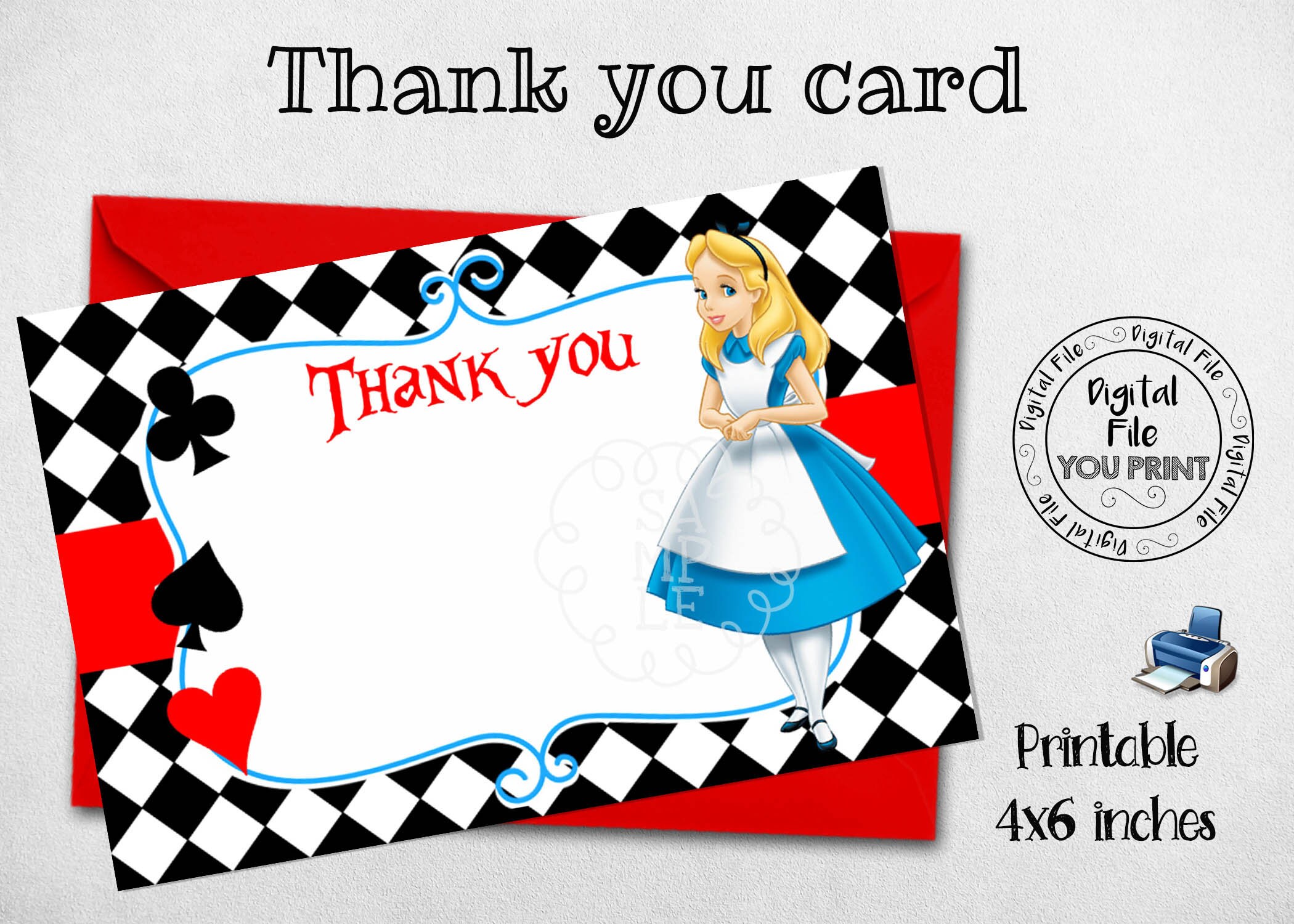 Printable Alice in Wonderland Thank you card Instant download | Etsy