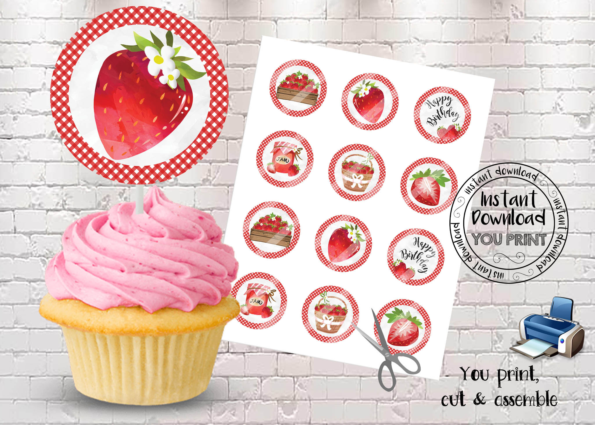 Free Printable Strawberry Shortcake Cupcake Toppers DIY Birthday Party