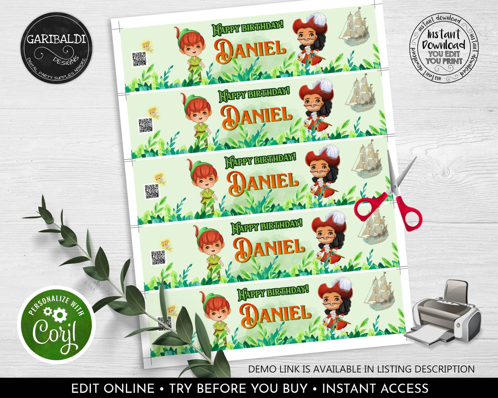 Editable Peter Pan Water Bottle Labels Neverland Birthday Party Favors ...