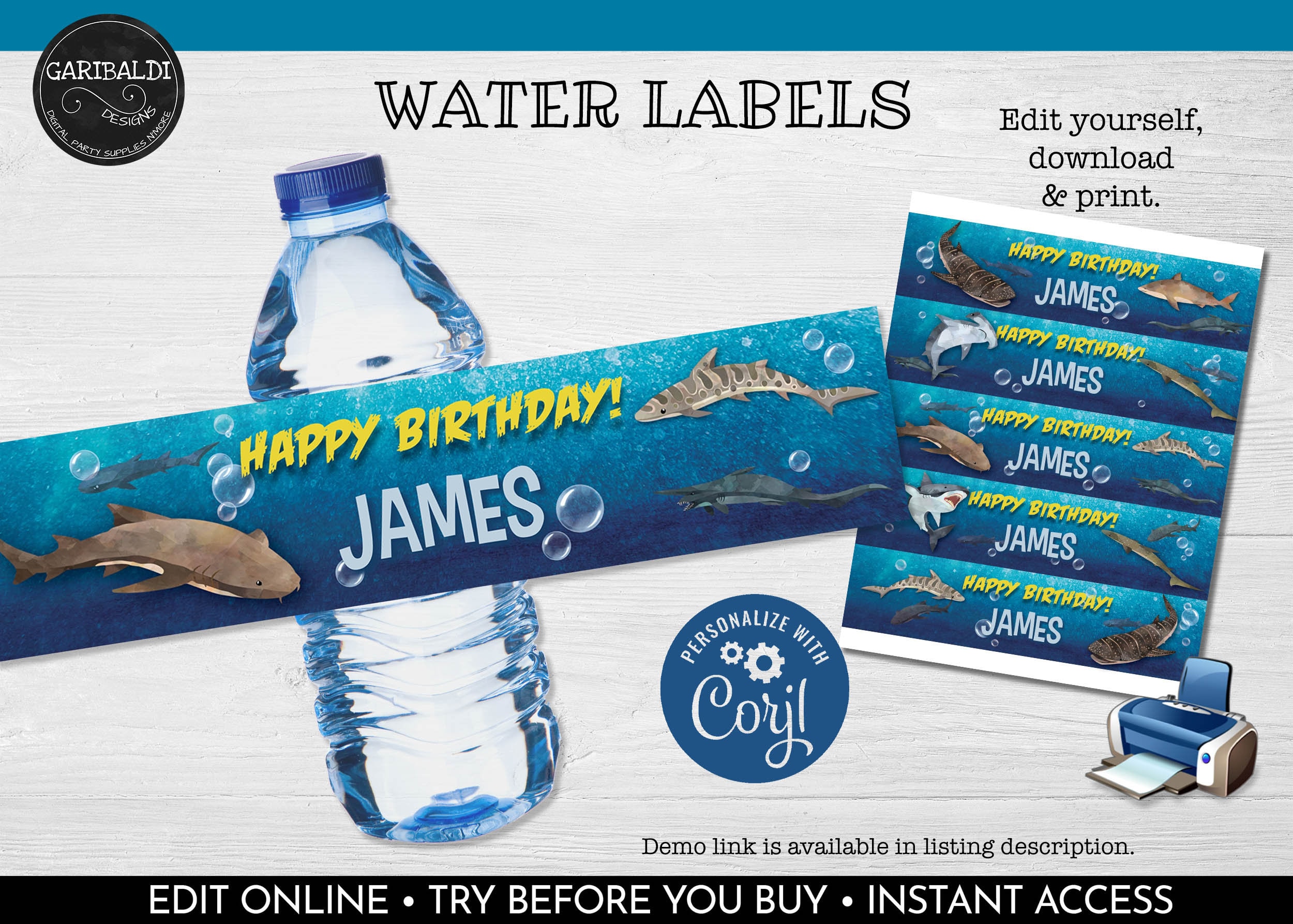 Editable Water Bottle Labels Template Printable Shark Water Bottle ...