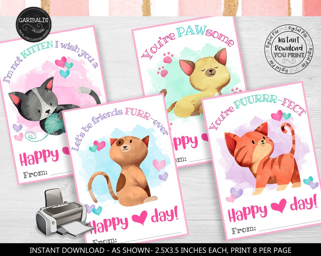 Cat Valentine's Day Cards Kitten Valentine Tags Classroom Kids School ...