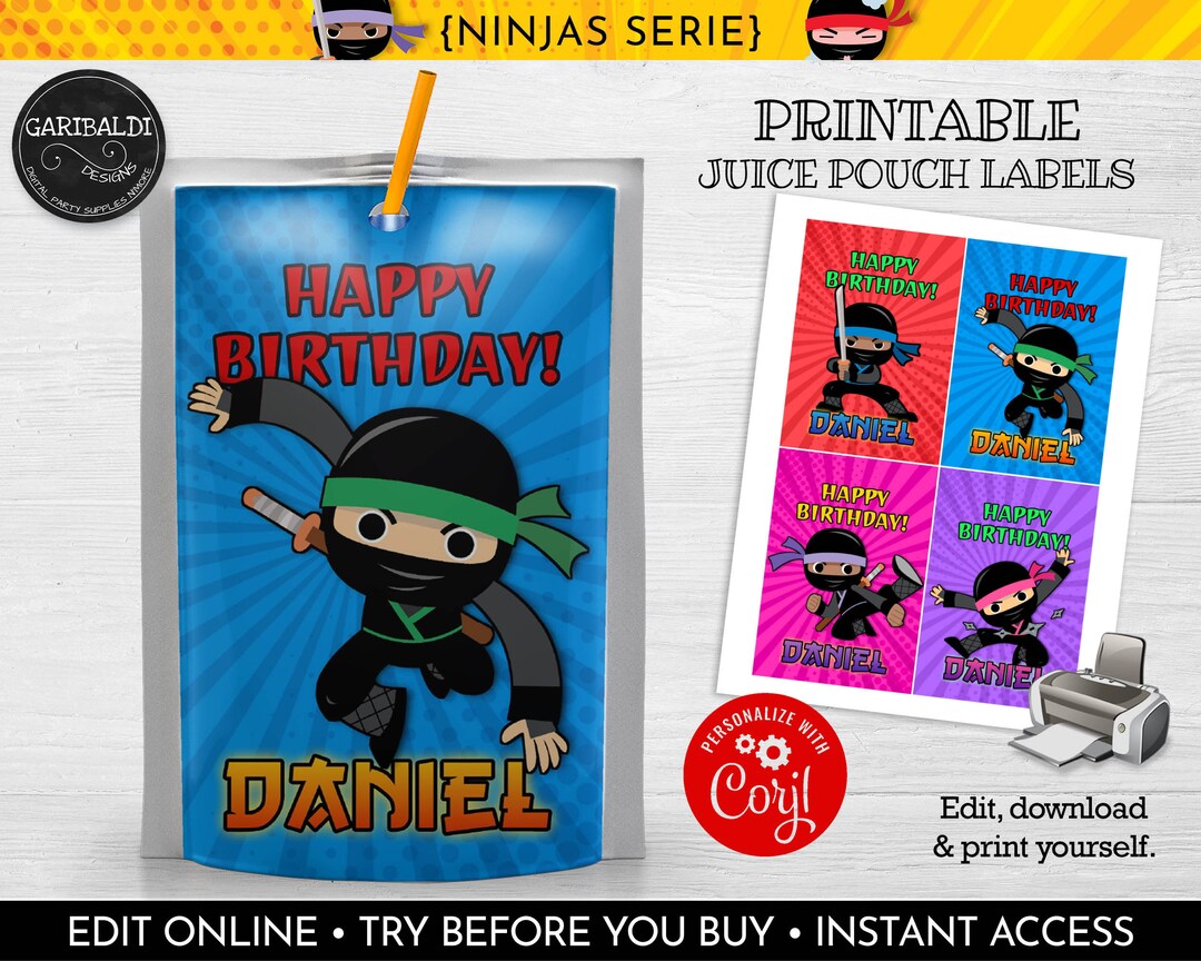 Editable Juice Pouch Labels ,juice Box Ninja Labels, Martial Art ...