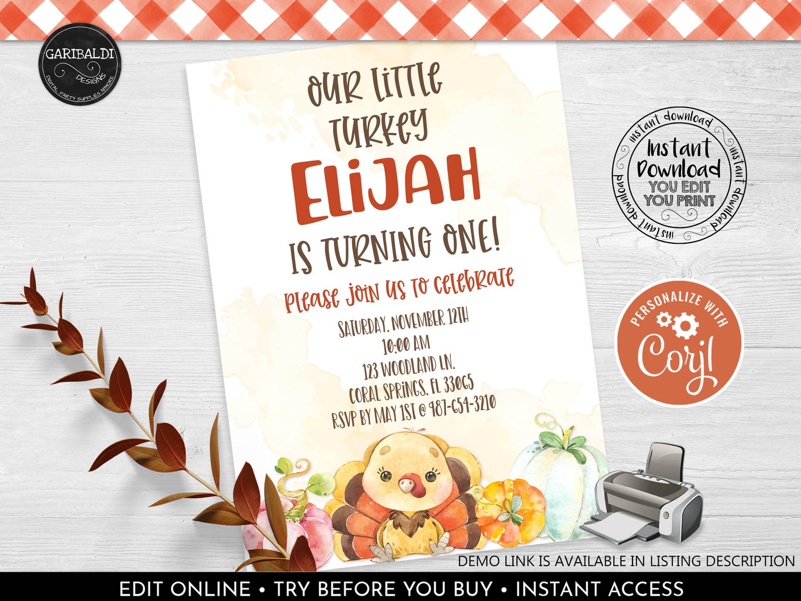 Editable Our Little Turkey Invitation Turkey Birthday Invitation Little ...